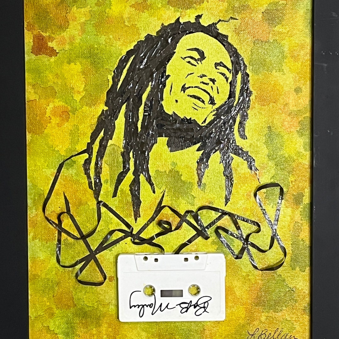 Green Gold Bob Marley Portrait Made of Cassette Tape on Canvas Panel ...