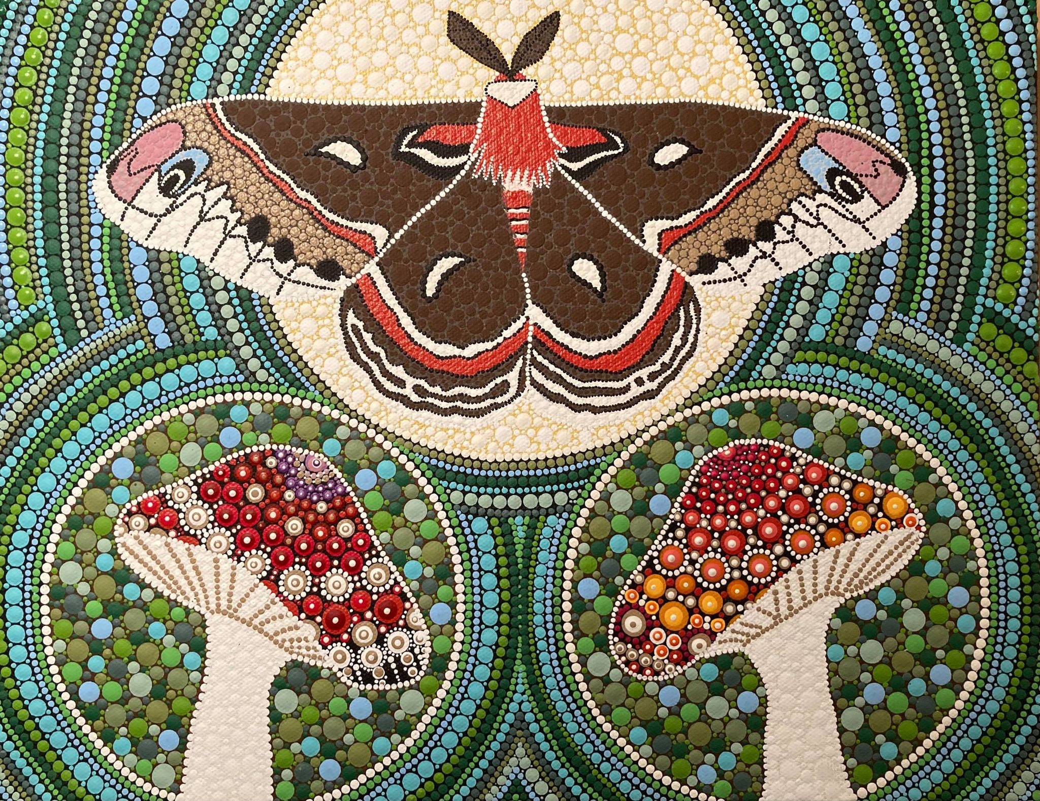 Moth and Mushrooms Dot Art, Nature Dot Art, Dot Mandala Art, Hand ...
