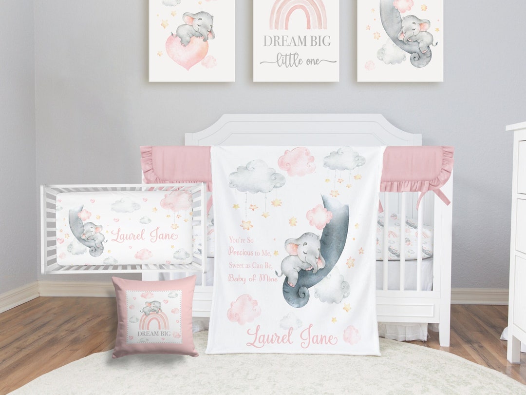 Baby Girl Elephant Crib Bedding Set, Personalized Baby Girl Elephant ...