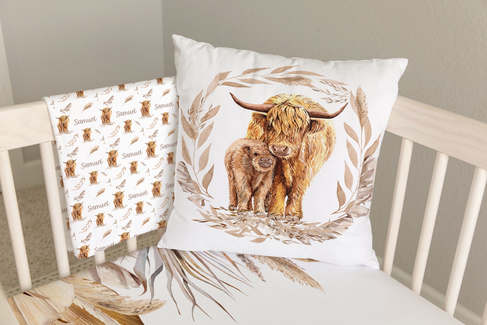 Highland Cow Crib Bedding Set, Personalized Boho Nursery, Farm Animal ...