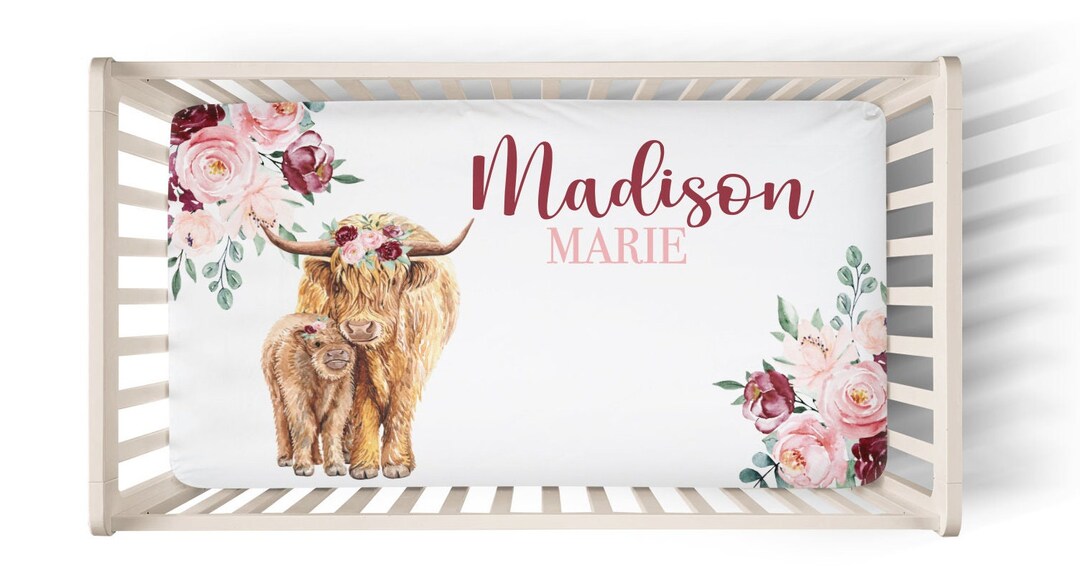 Highland Cow Crib Sheet- Burgundy Blush Floral Crib Sheet -personalized ...