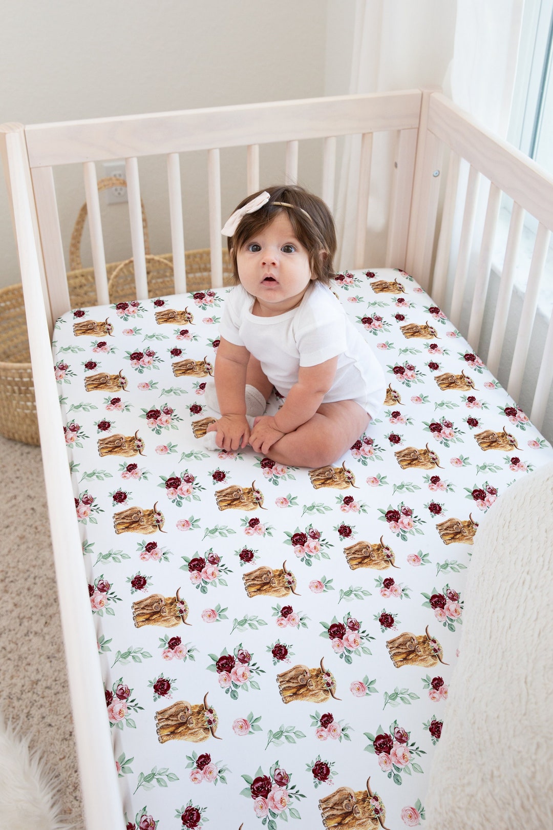 Highland Cow Crib Sheet- Burgundy Blush Floral Crib Sheet - Farmgirl ...