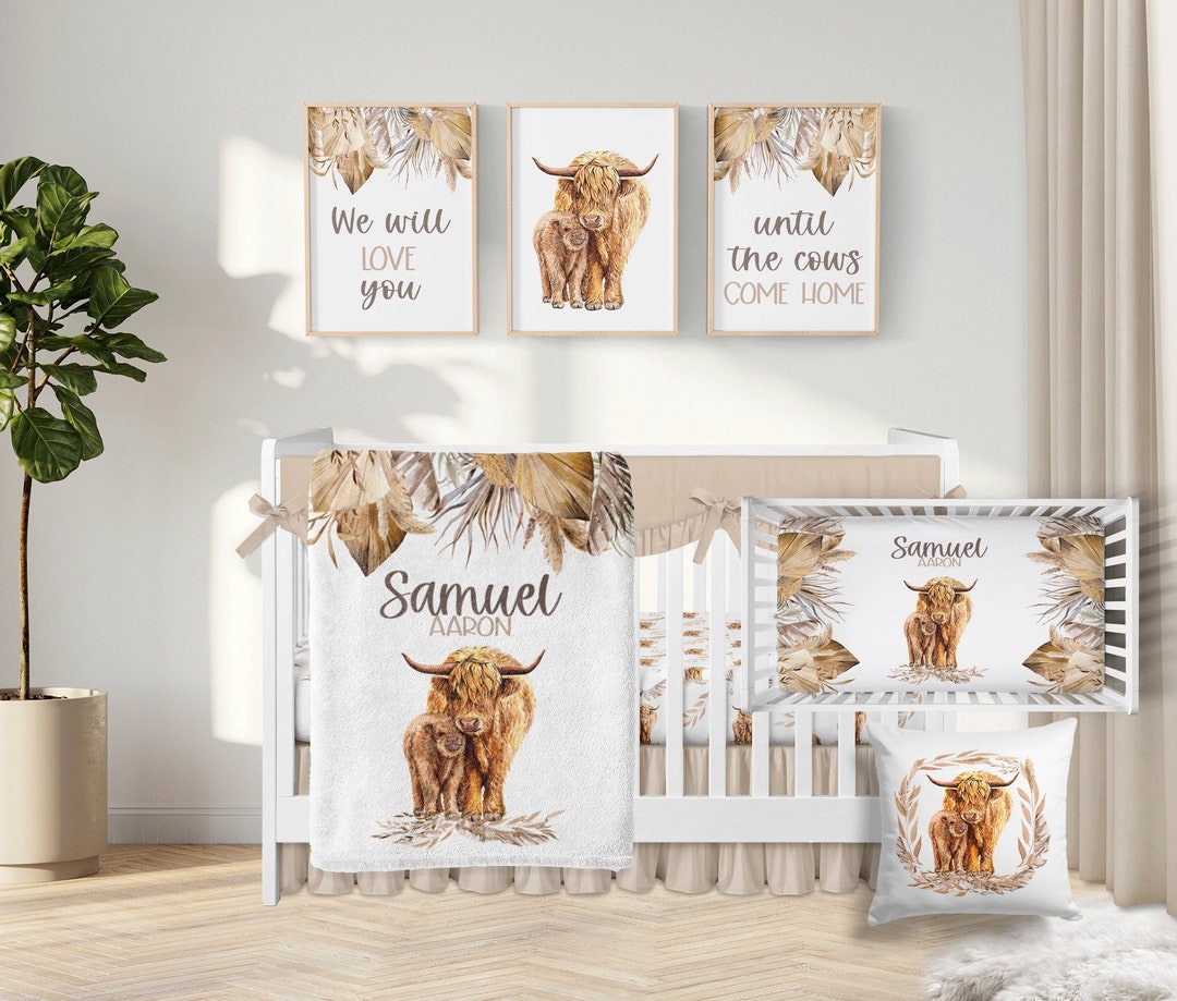 Highland Cow Crib Bedding Set, Personalized Boho Nursery, Farm Animal ...