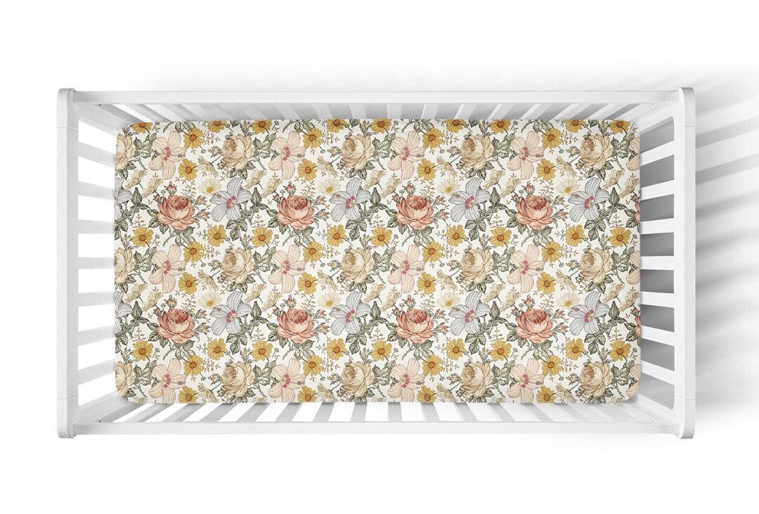 Vintage Floral Cribsheet - Rush Mustard Floral Crib Bedding - Vintage ...