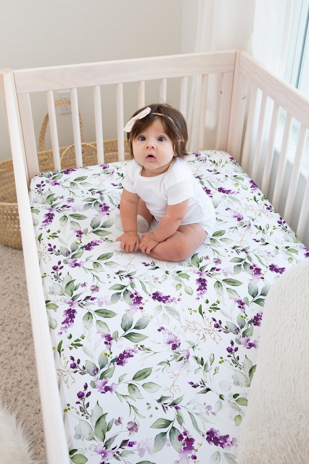 Lavender Floral Crib Sheet for Safari Nursery- Lilac Leaves Floral Baby ...