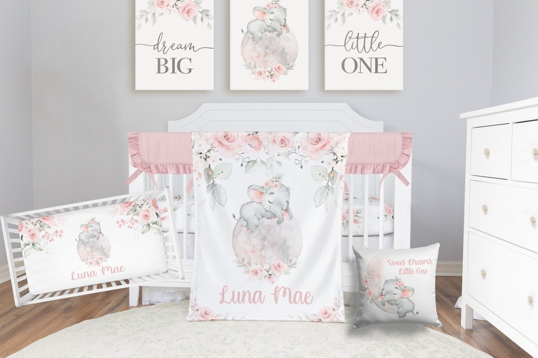 Baby Girl Elephant Crib Bedding Set, Personalized Baby Girl Blanket ...