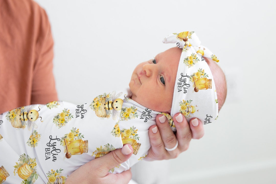 Honey Bee Swaddle Set- Personalized Baby Girl Swaddle Blanket With ...