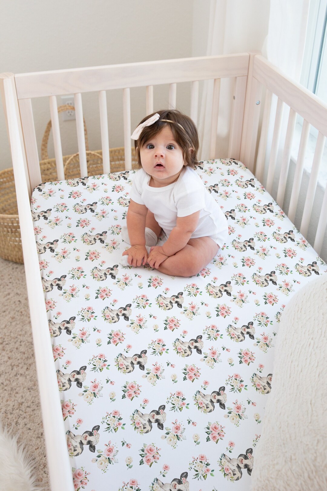 Custom Floral Cow Crib Sheet for Baby Girl Nursery- Watercolor Pink ...