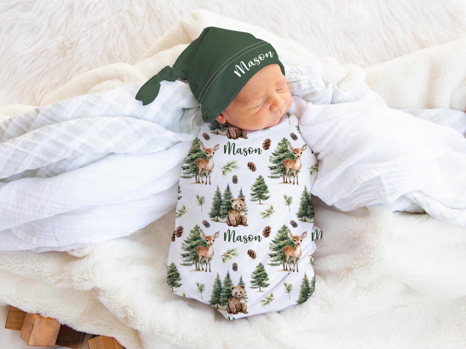 Woodland Animal Swaddle Set -personalized Baby Boy Swaddle Blanket Bear ...