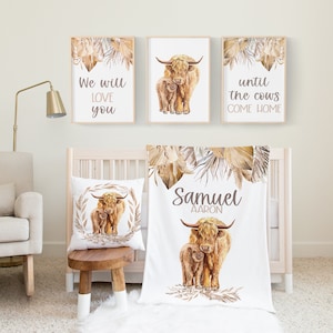 Highland Cow Crib Bedding Set, Personalized Boho Nursery, Farm Animal ...