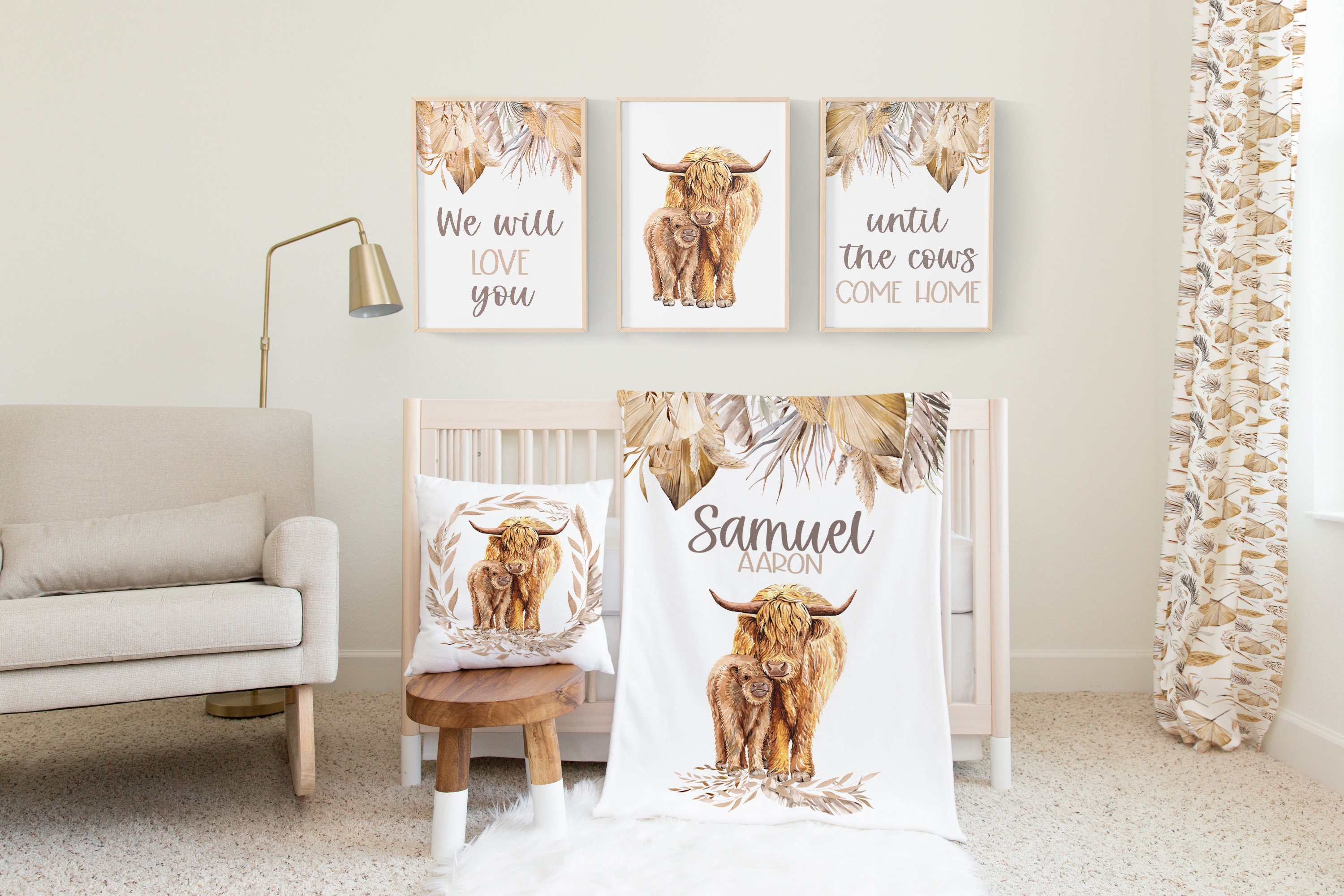 Highland Cow Crib Bedding Set, Personalized Boho Nursery, Farm Animal ...