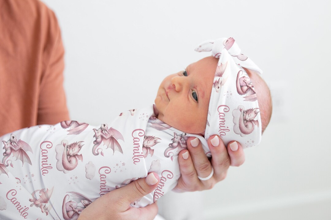 Baby Girl Dragon Swaddle Blanket Set - Personalized Swaddle Set With ...