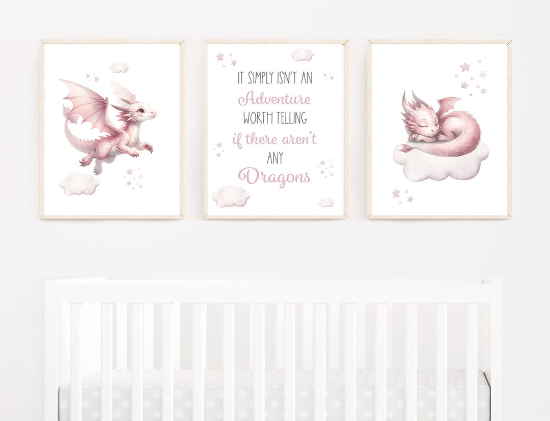 Pink Dragon Wall Art - Dragon Nursery Wall Art for Kid's Room - Girl ...