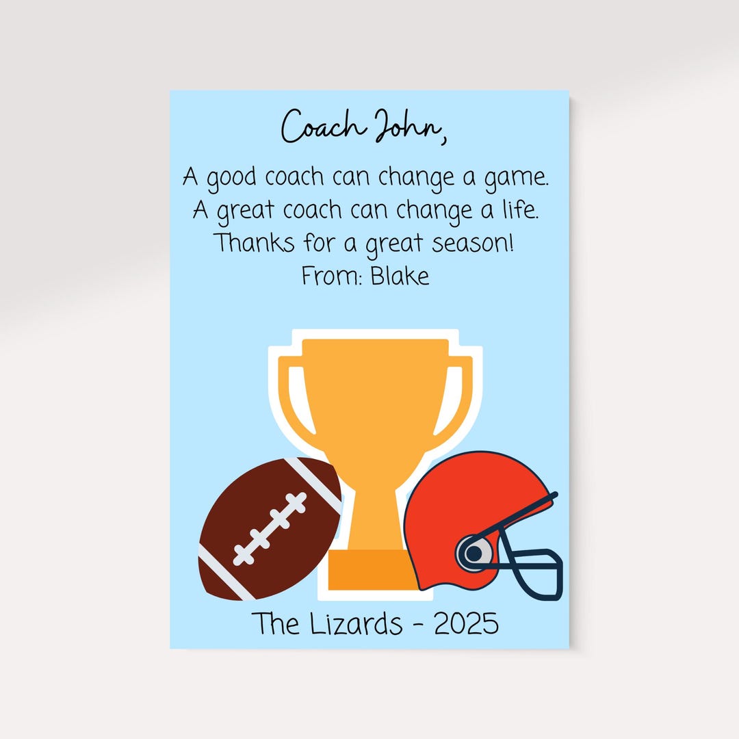 Editable Football Coach Thank You Card, End of Season Gift, Thank You ...
