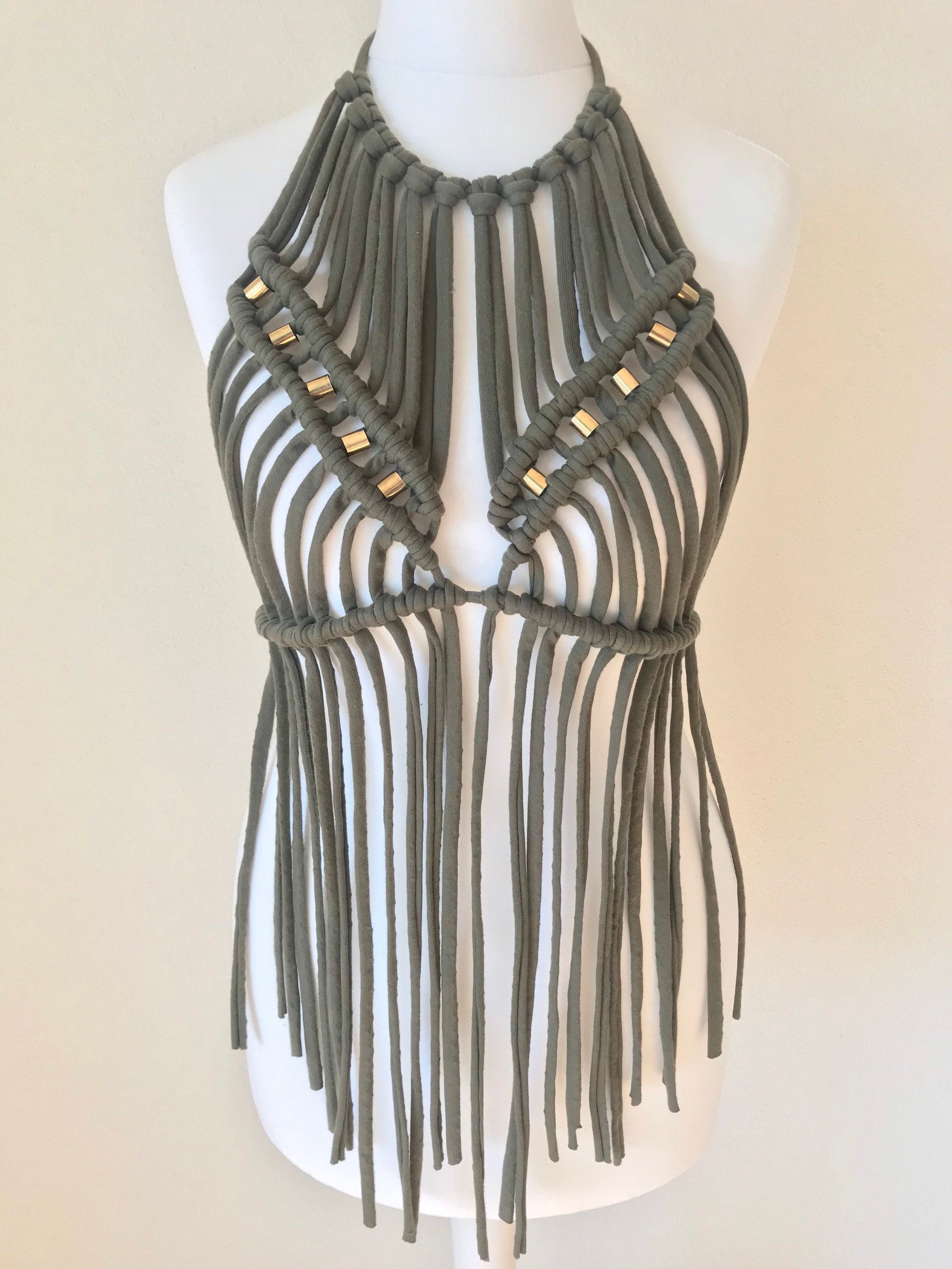 Macrame Top cassiopeia With Gold Metal Beads, Festival Top, Green Witch ...
