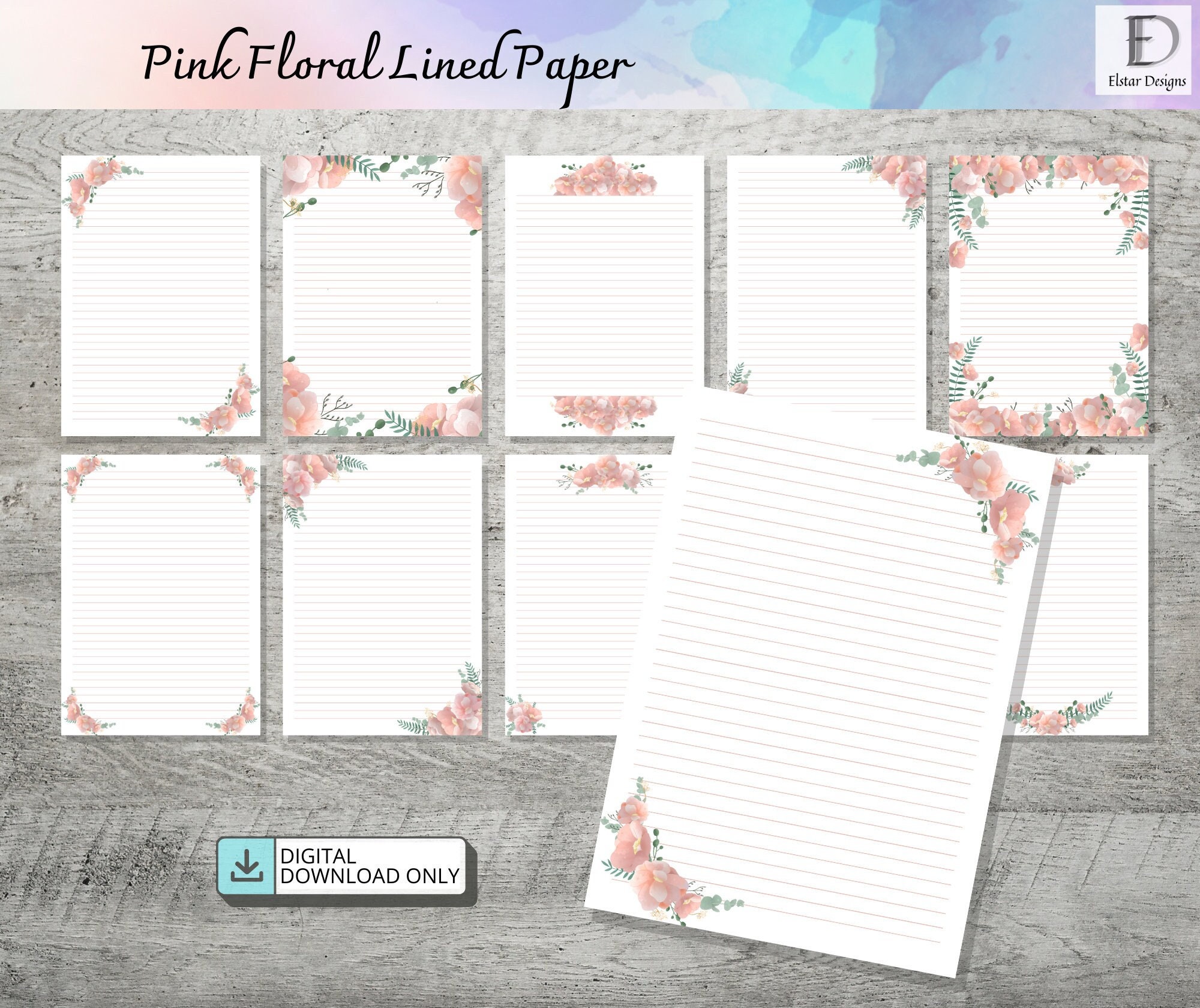 Pink Floral Lined Paper, Printable Lined Paper, Printable Writing Paper ...