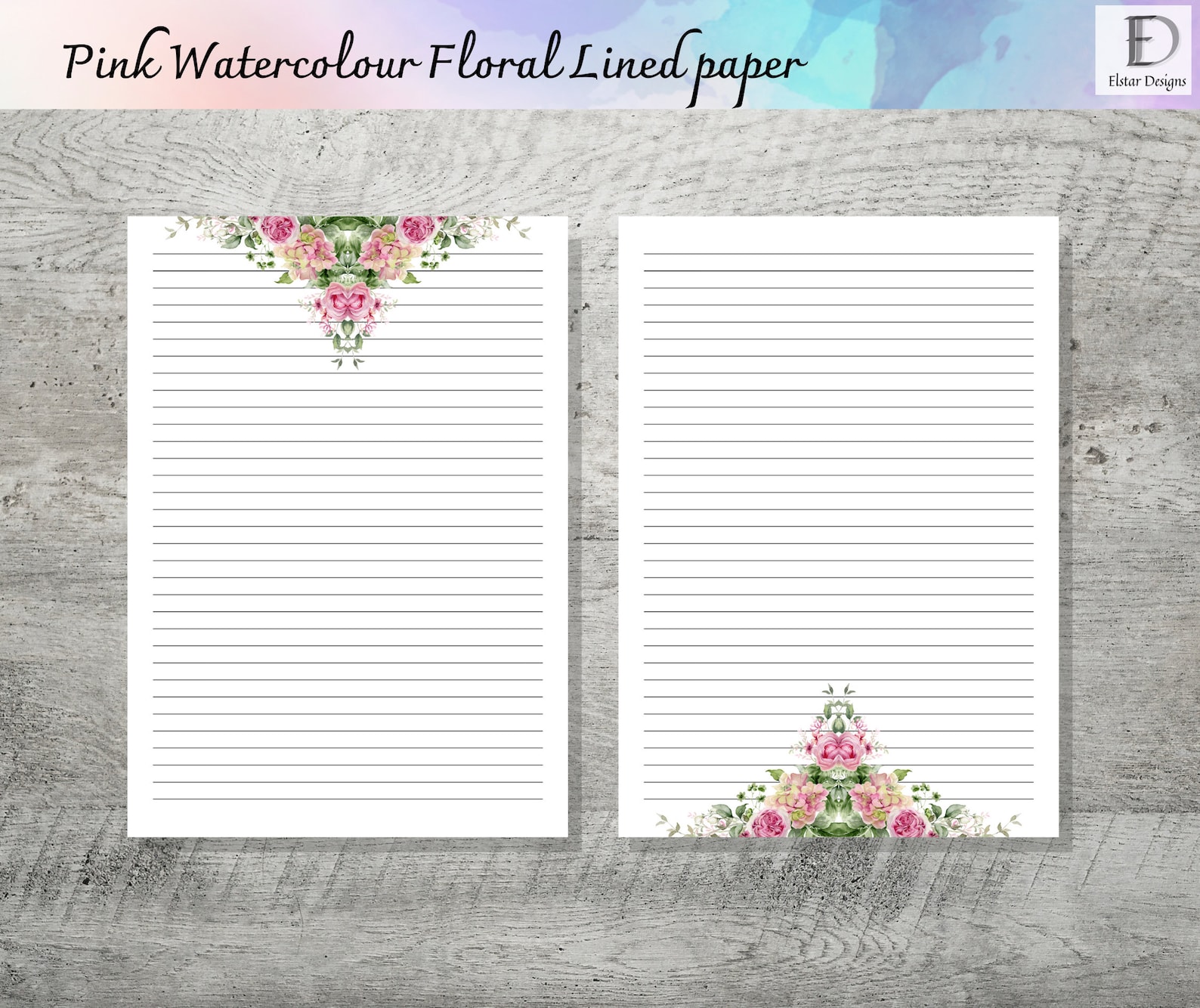 Floral Lined Writing Paper: Printable Stationery Set (digital Download ...