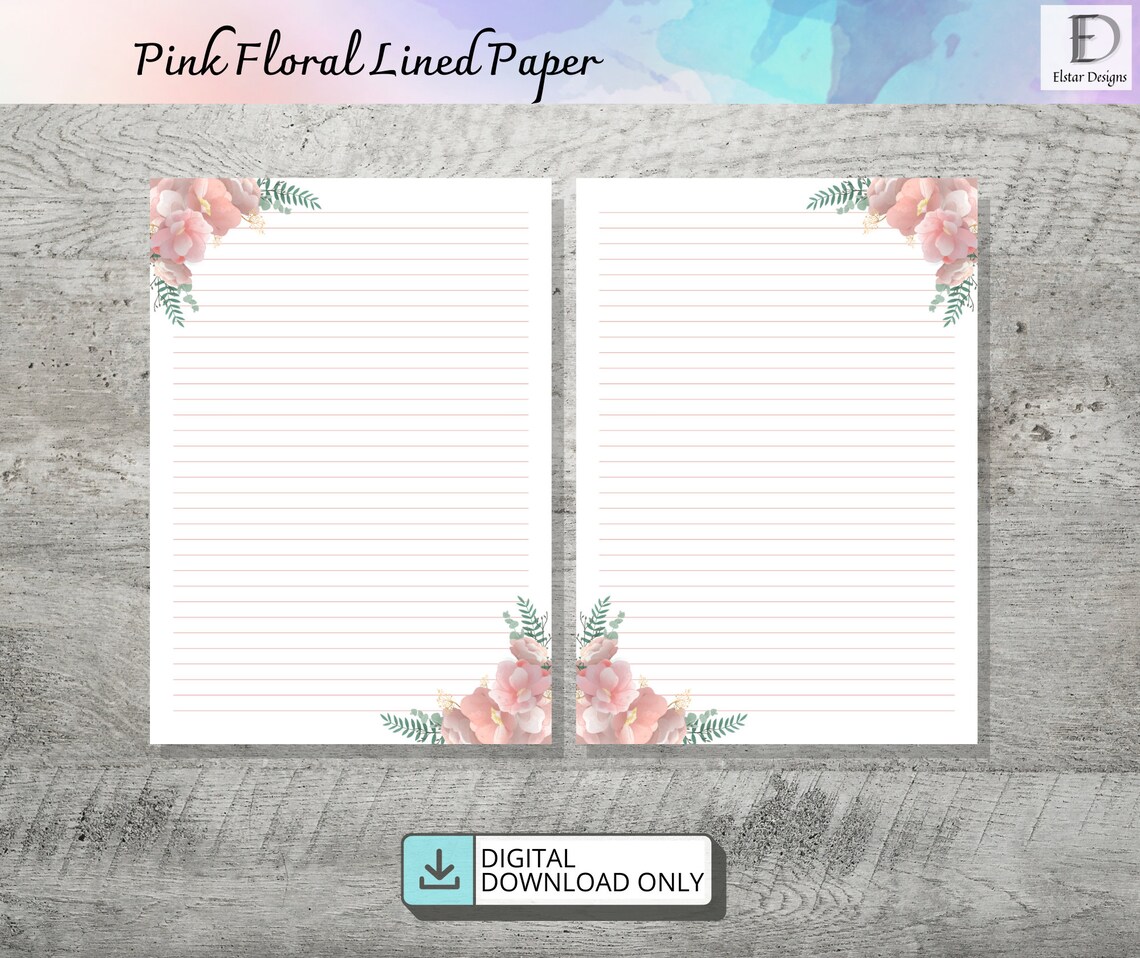 Pink Floral Lined Paper, Printable Lined Paper, Printable Writing Paper ...