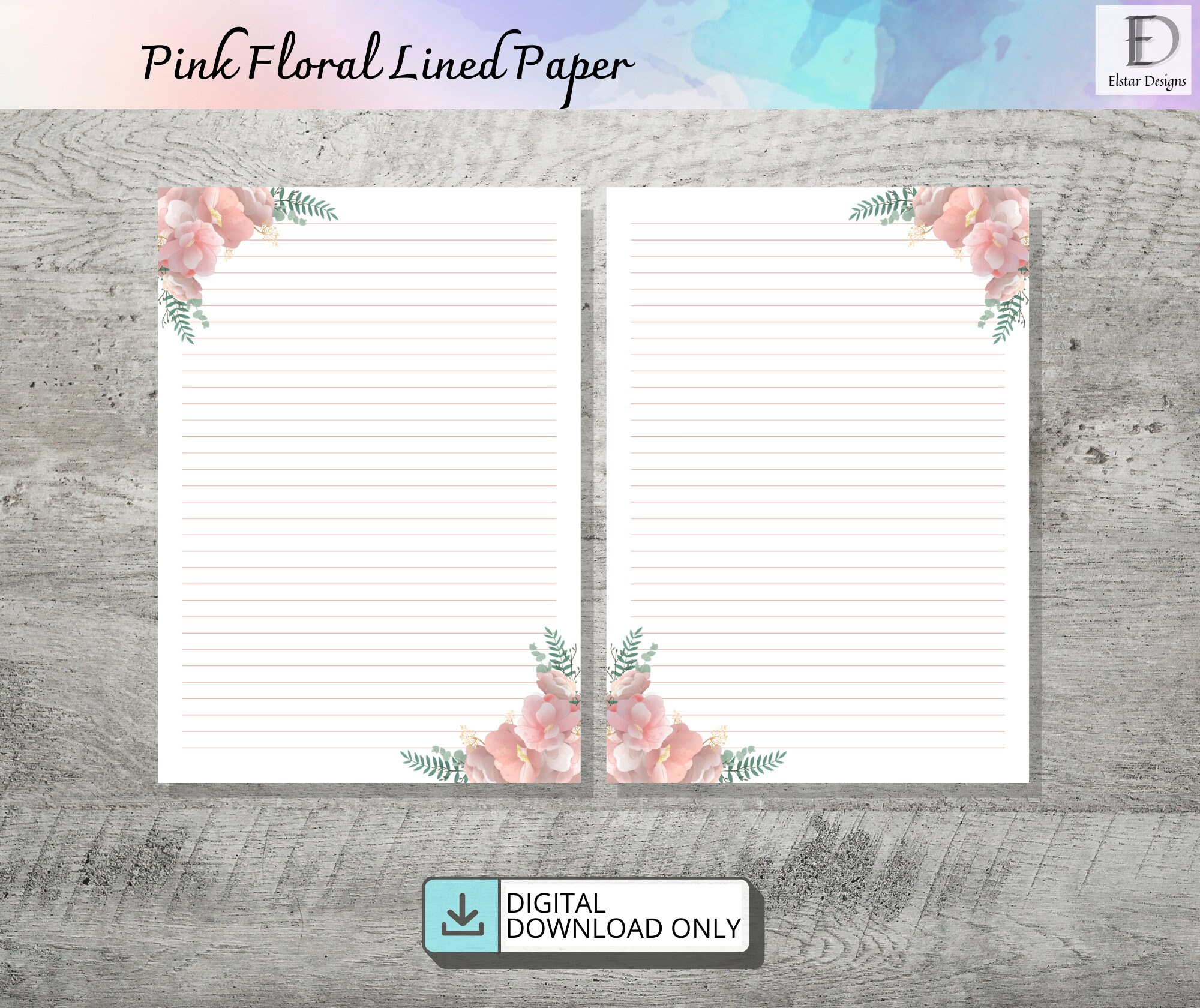 Pink Floral Lined Paper, Printable Lined Paper, Printable Writing Paper ...