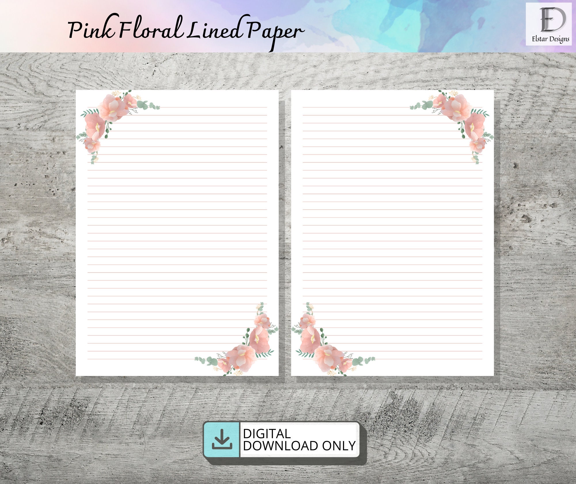 Pink Floral Lined Paper, Printable Lined Paper, Printable Writing Paper ...