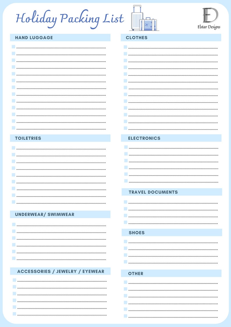 Holiday Travel Planner, Printable Stationery, Holiday Packing List ...