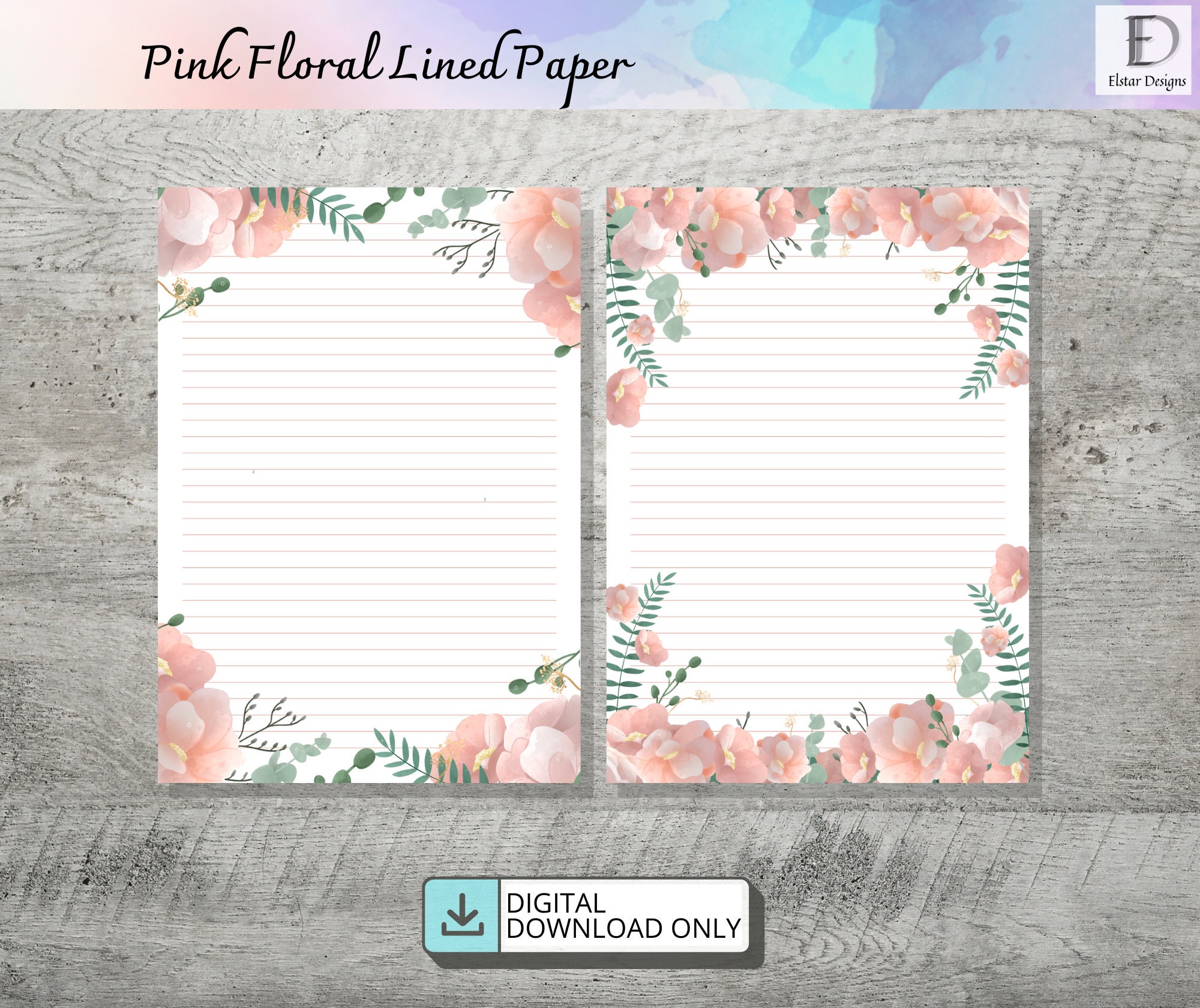 Pink Floral Lined Paper, Printable Lined Paper, Printable Writing Paper ...