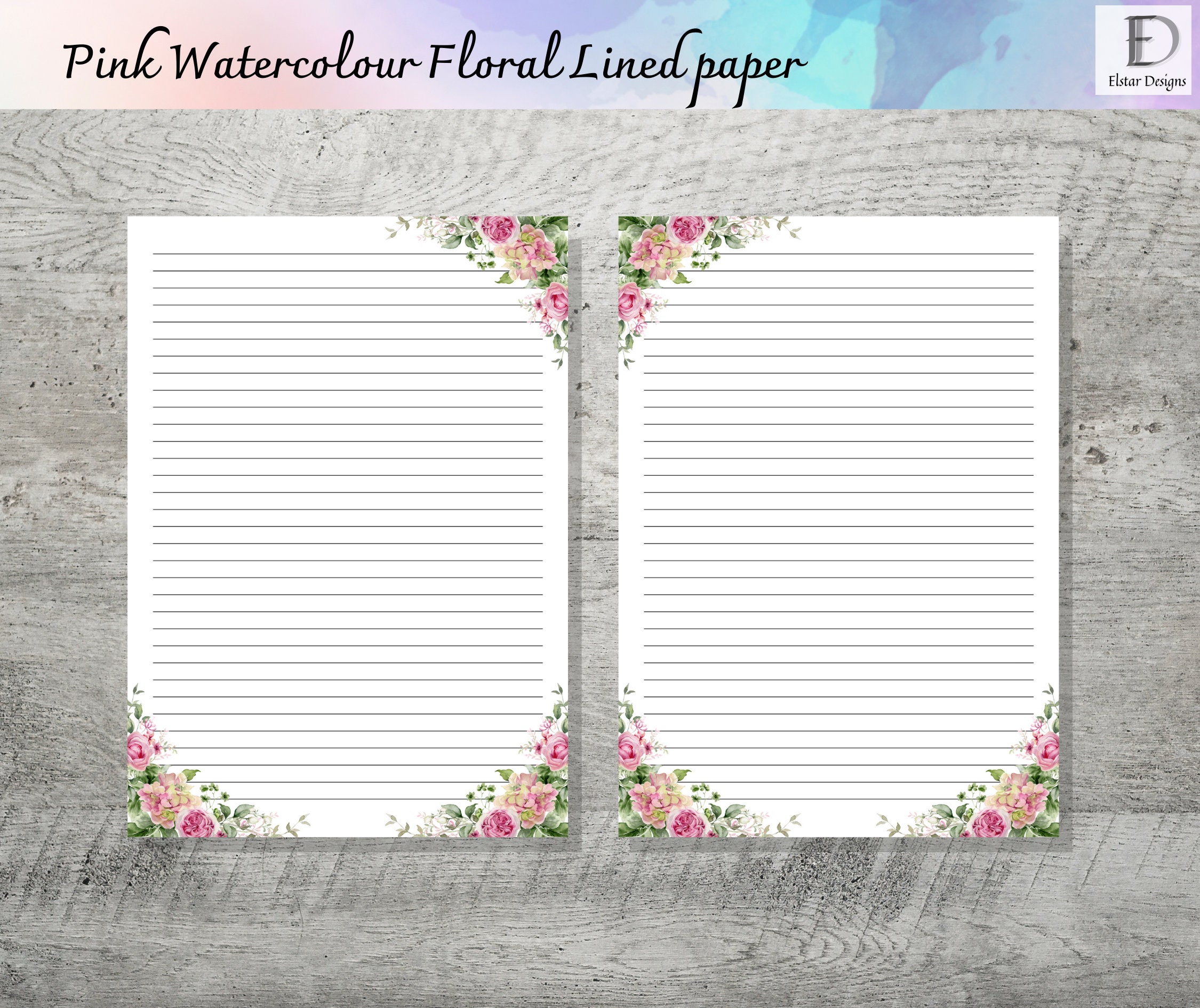 Floral Lined Writing Paper: Printable Stationery Set (digital Download ...