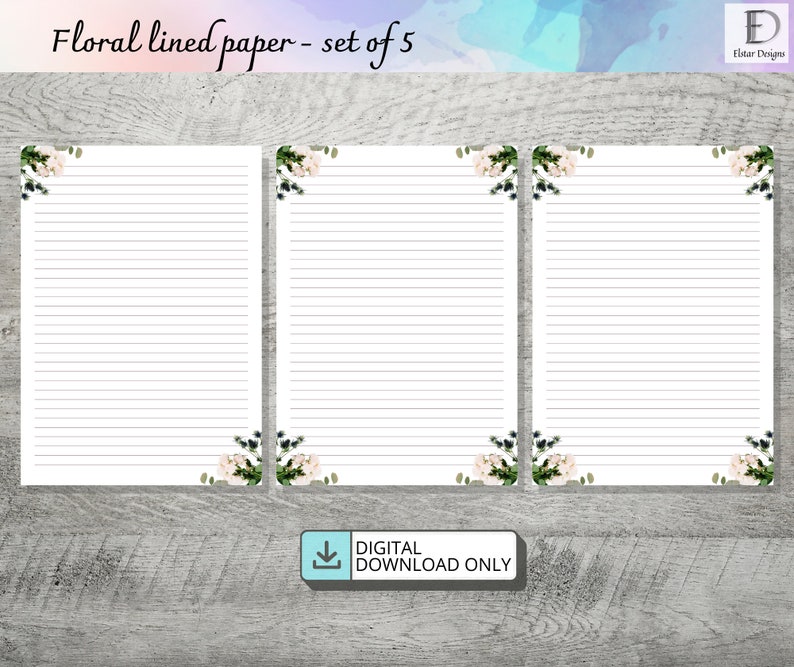Floral Lined Paper, Printable Lined Paper, Letter Writing Set ...