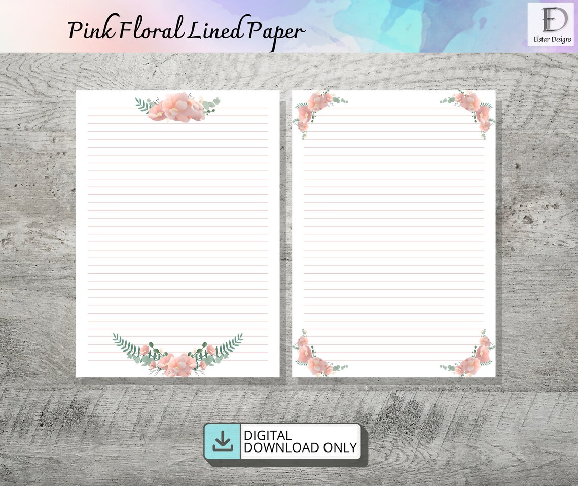 Pink Floral Lined Paper, Printable Lined Paper, Printable Writing Paper ...