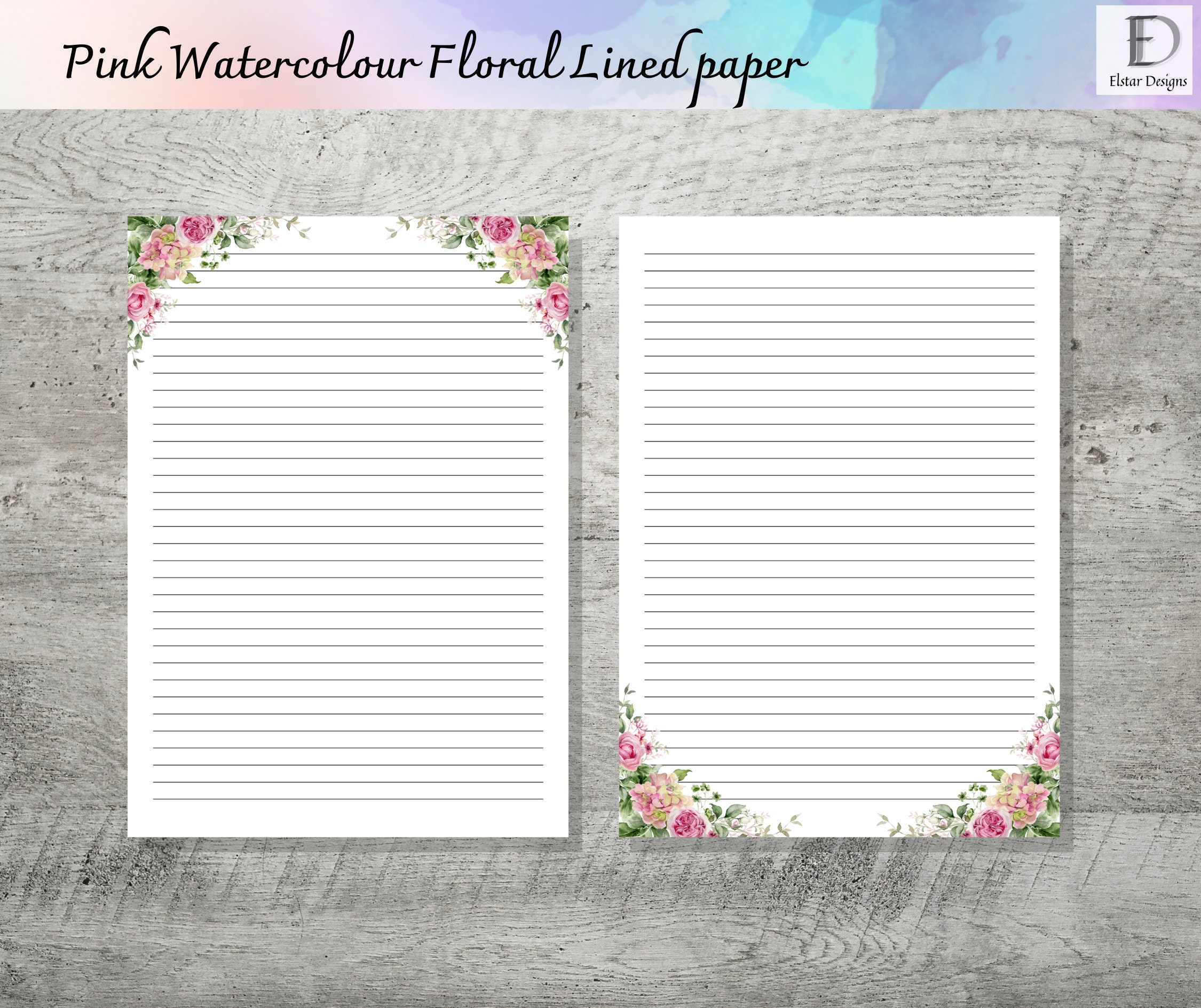 Floral Lined Writing Paper: Printable Stationery Set (digital Download ...