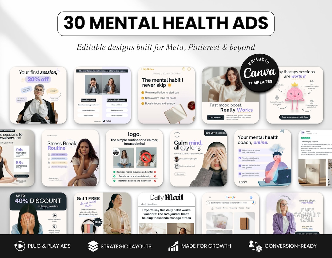 30 Mental Health Static Ad Templates, Canva Therapy Marketing Ads ...