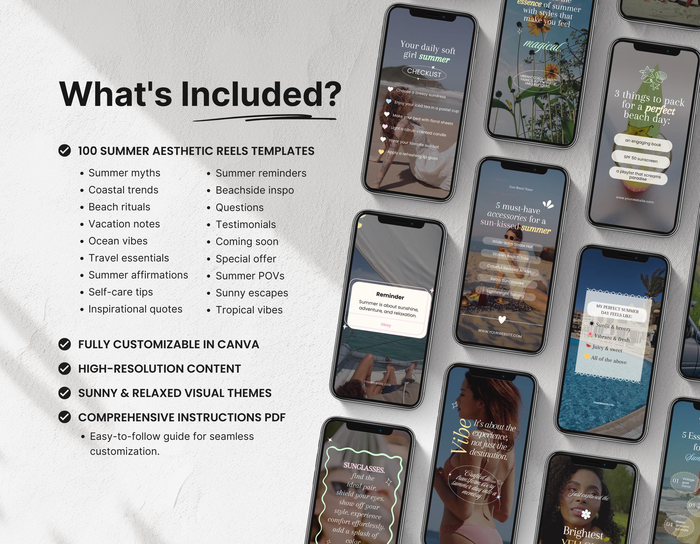 100 Summer Aesthetic Reels Templates, Beach Vacation Canva Social Media ...