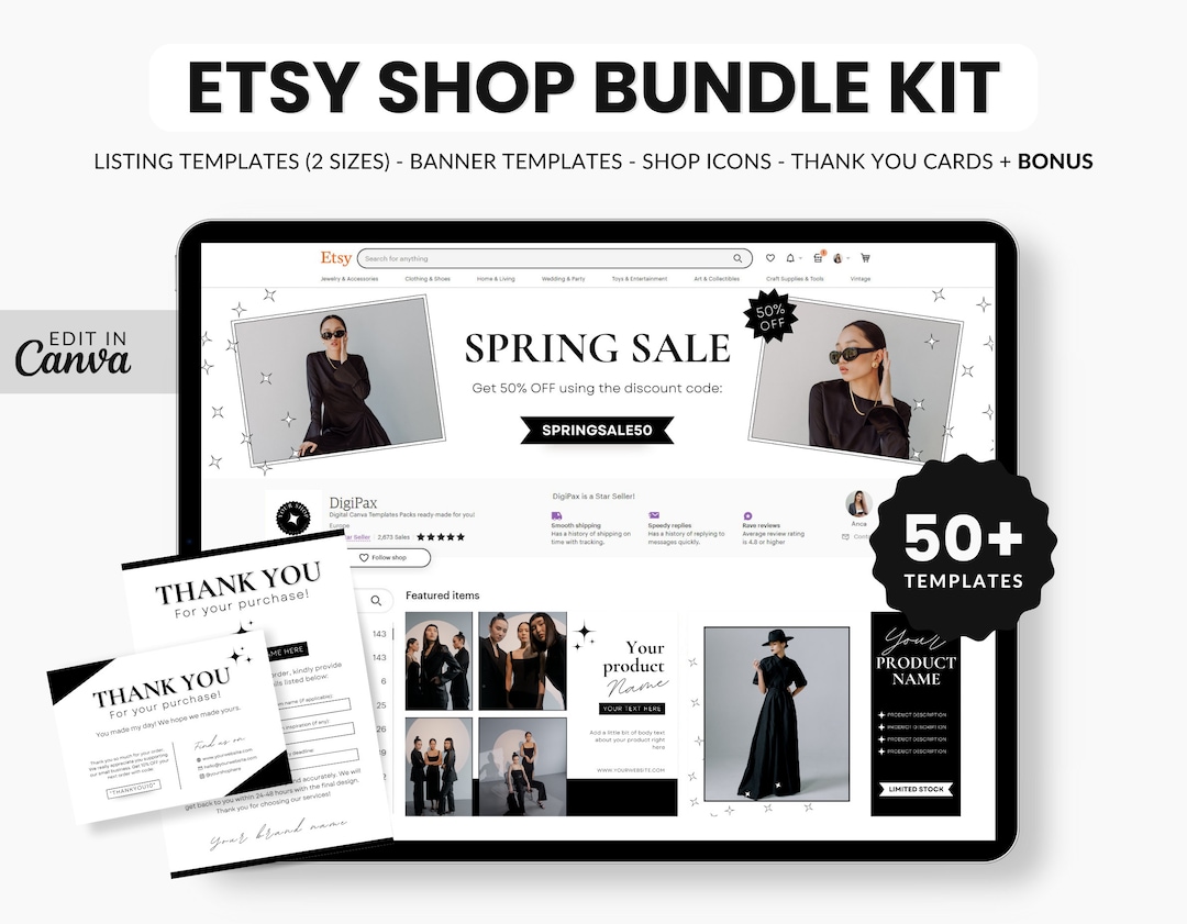 Etsy Shop Bundle Kit Black & White, Minimalist Etsy Branding Kit, Etsy ...