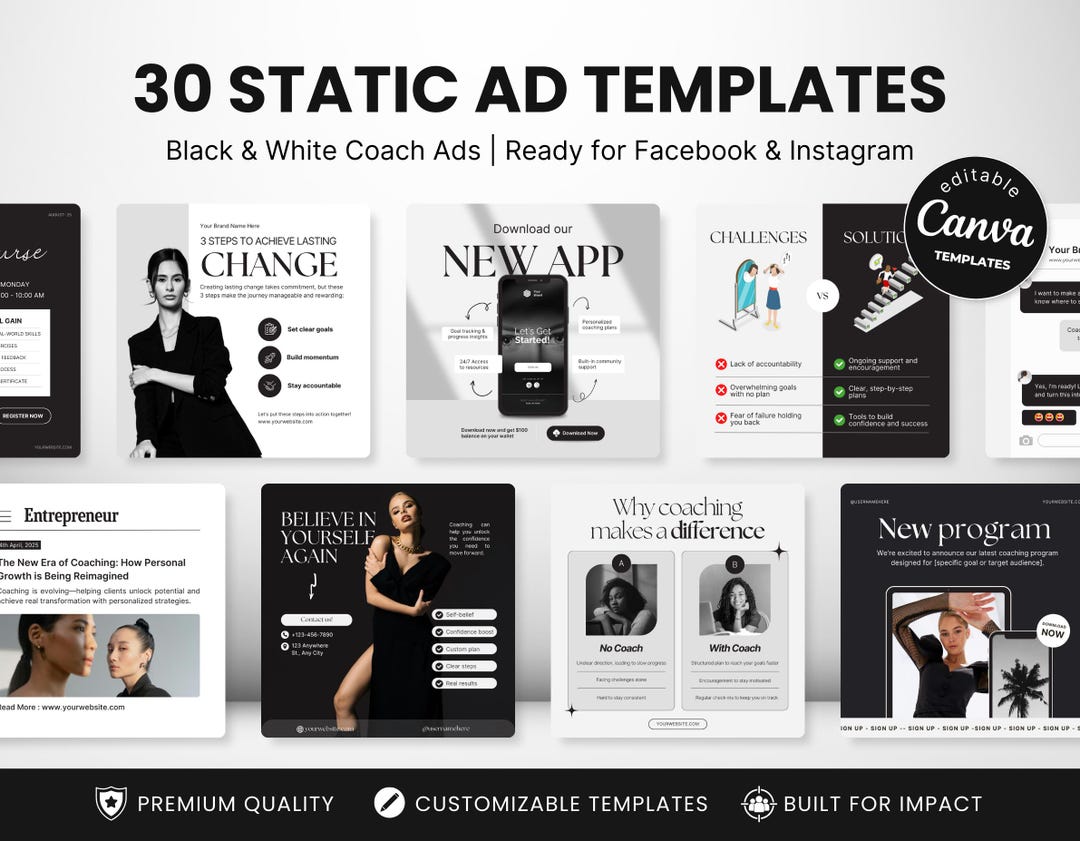 30 Coach Static Ad Templates, Editable Canva Coaching Ads, Black ...