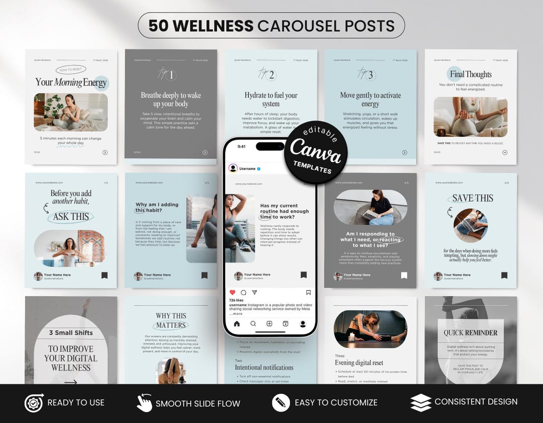 Wellness Carousel Instagram Posts, Canva Carousel Templates for ...