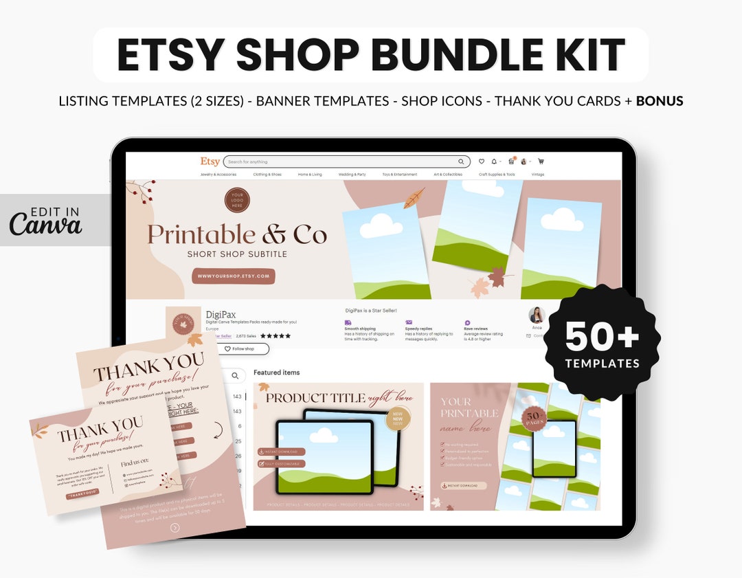 Etsy Printables Shop Bundle Fall, Digital Shop Etsy Branding Kit Boho ...