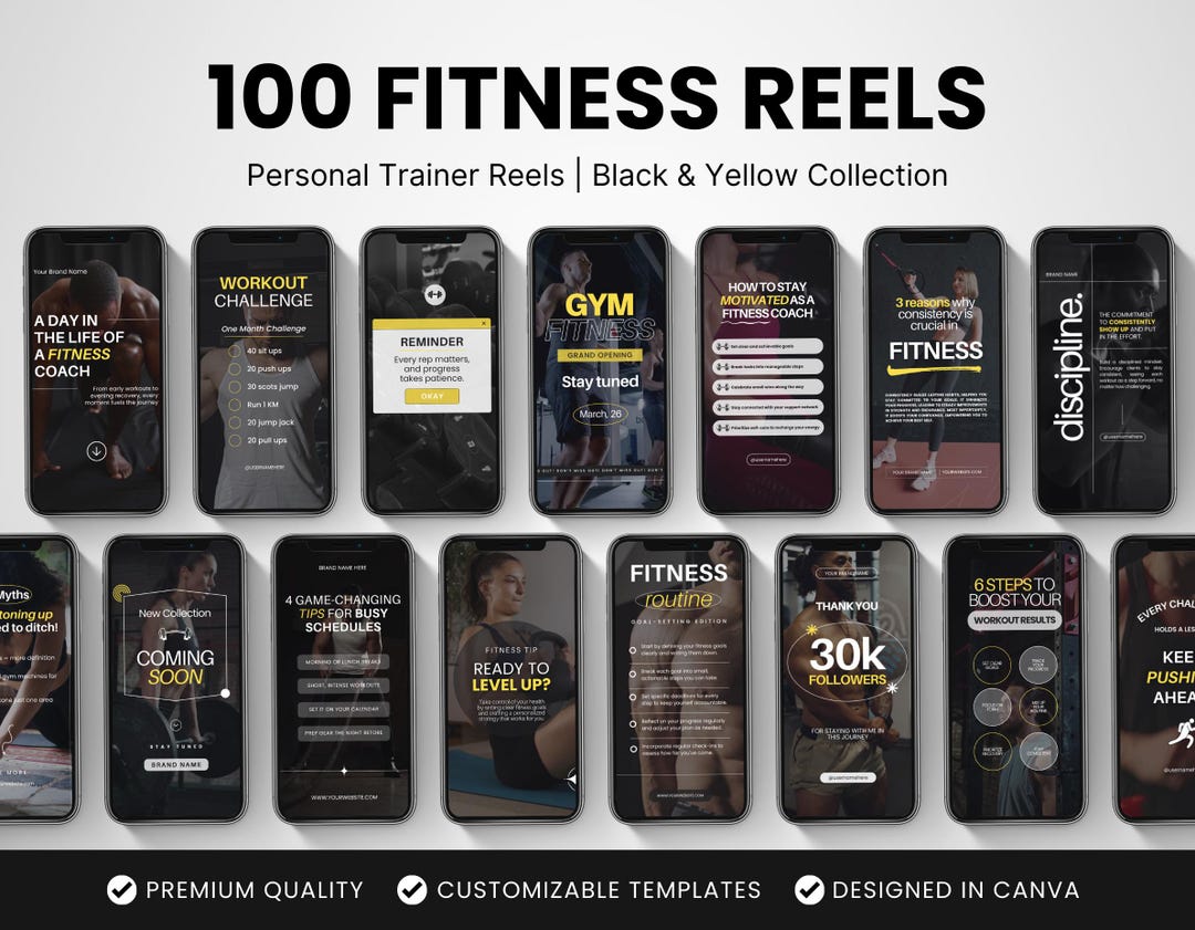 100 Fitness Instagram Reels Templates, Editable Canva Gym Reels, Black ...