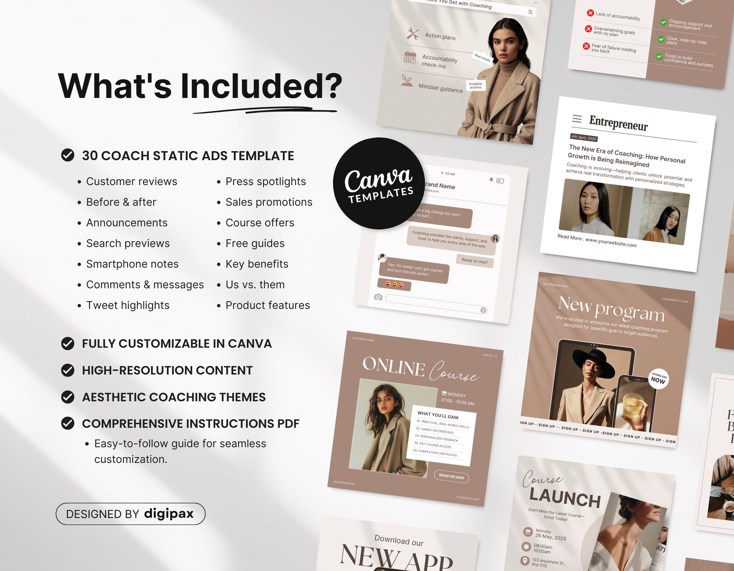 Coach Static Ad Templates Canva, Neutral Aesthetic Meta Ads for Coaches ...
