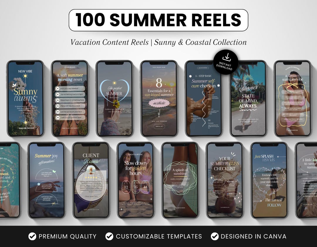 100 Summer Aesthetic Reels Templates, Beach Vacation Canva Social Media ...