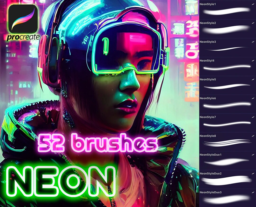 Procreate Neon Brush Set: Cyberpunk Stamps, Glowing Effects (digital ...