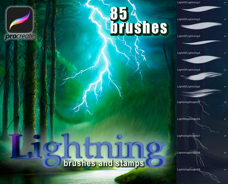 Lightning Brushes, Real Thunderstorm Brushset Procreate, Lightning Strike Stamps, Digital ...