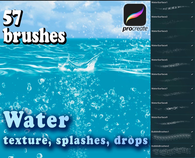 Procreate Water Brush Set: 57 Sea Wave, Splash, Texture Brushes ...