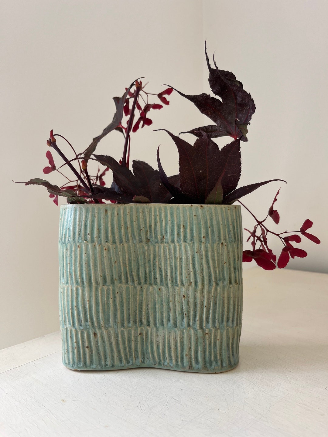 Handmade Ceramic Sculptural Grey Green Vase With Grooved Surface ...