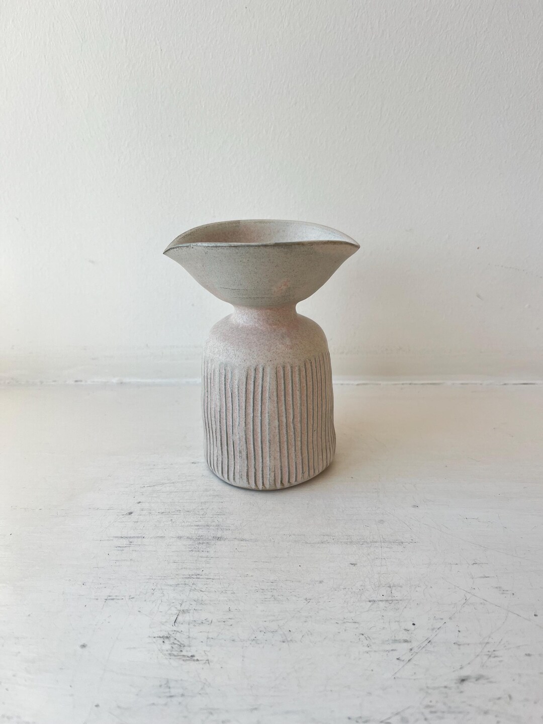 Danish Studio Ceramic Grooved White Vase. Handcrafted Pottery Speckled ...