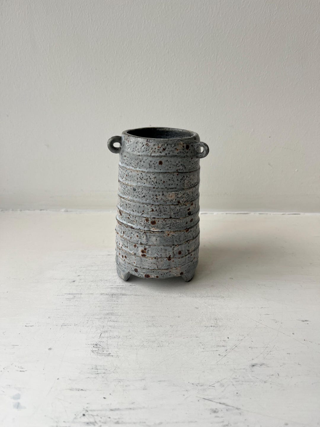 Danish Ceramic Grey Footed Grooved Vase With Three Small Handles ...