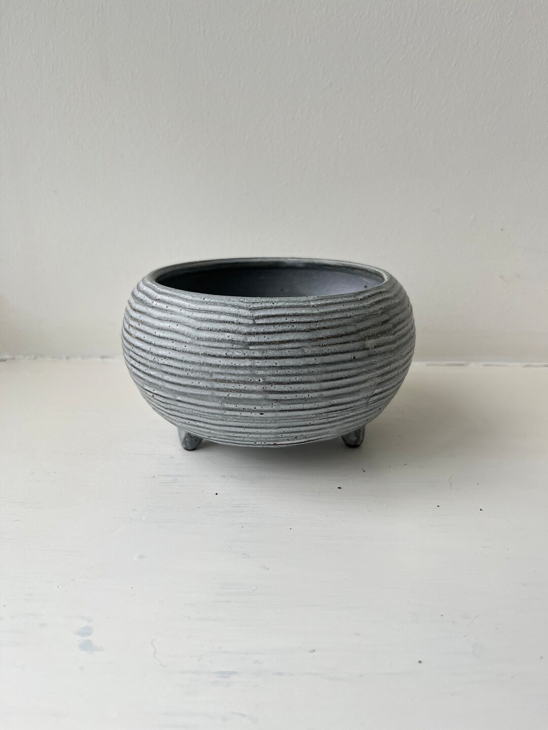 Danish Handmade Grooved Grey Footed Bowl, Indoor Planter Dish ...