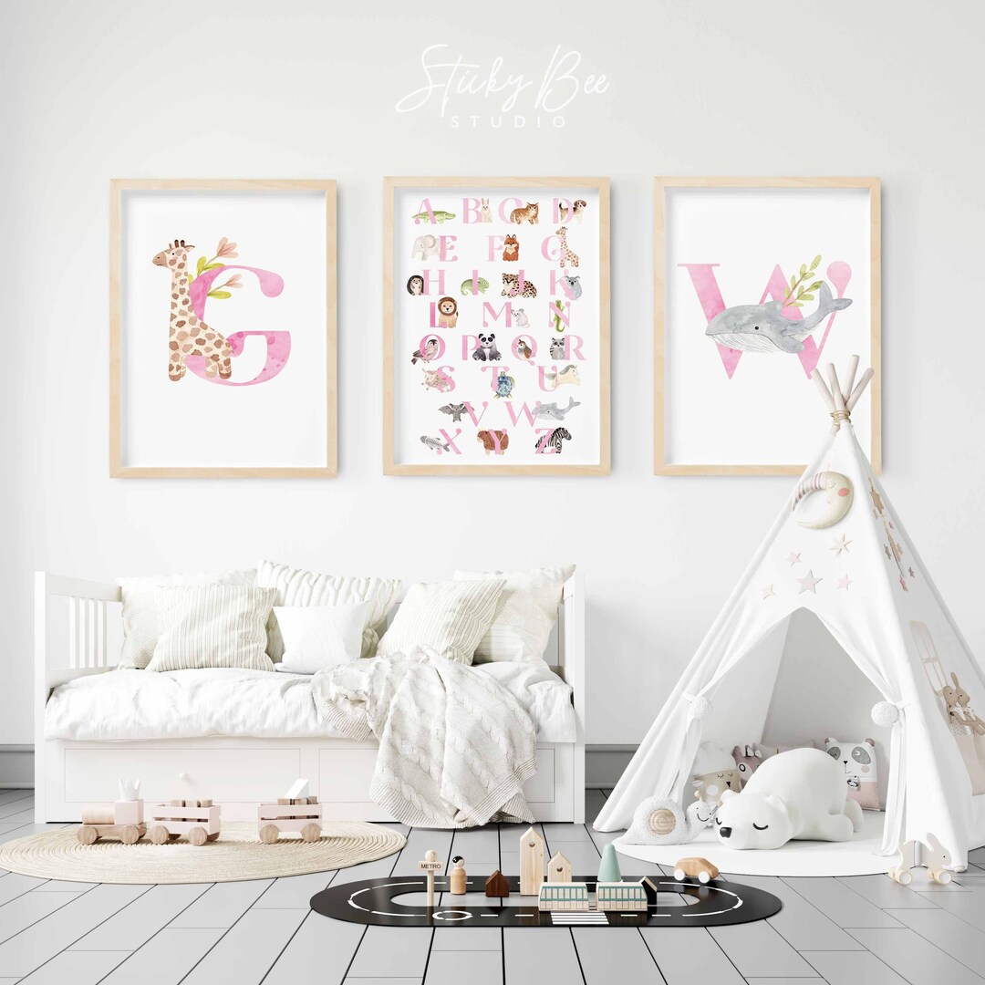 Watercolor Animal Alphabet Print, Pink Letter Monogram, Girl Nursery ...