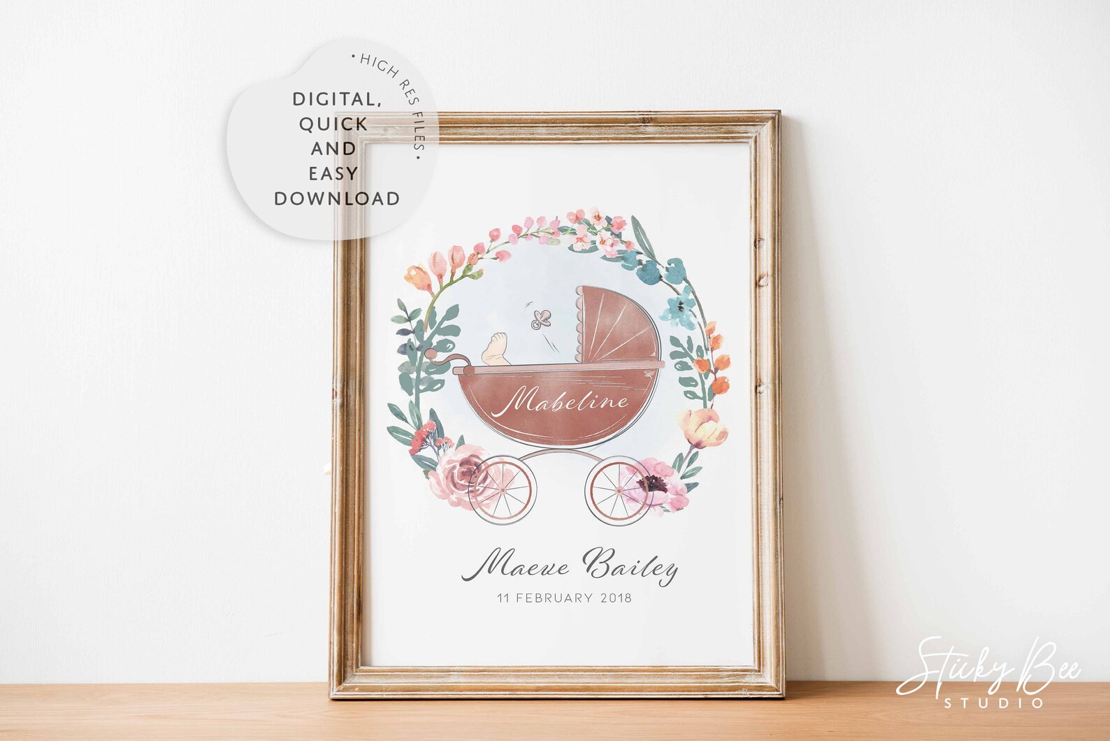 Floral Pram Girl Birth Stats Print, Boho Nursery Art - Etsy
