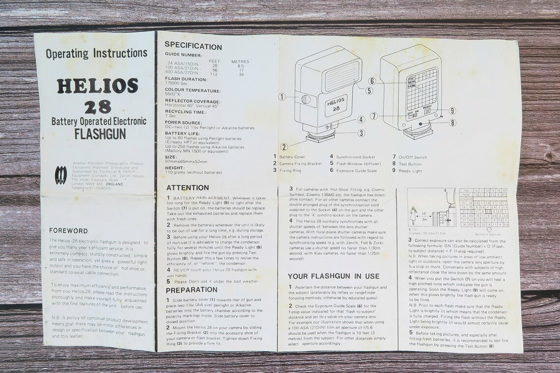 Original Helios 28 Flashgun Operating Instructions, Flash Manual ...