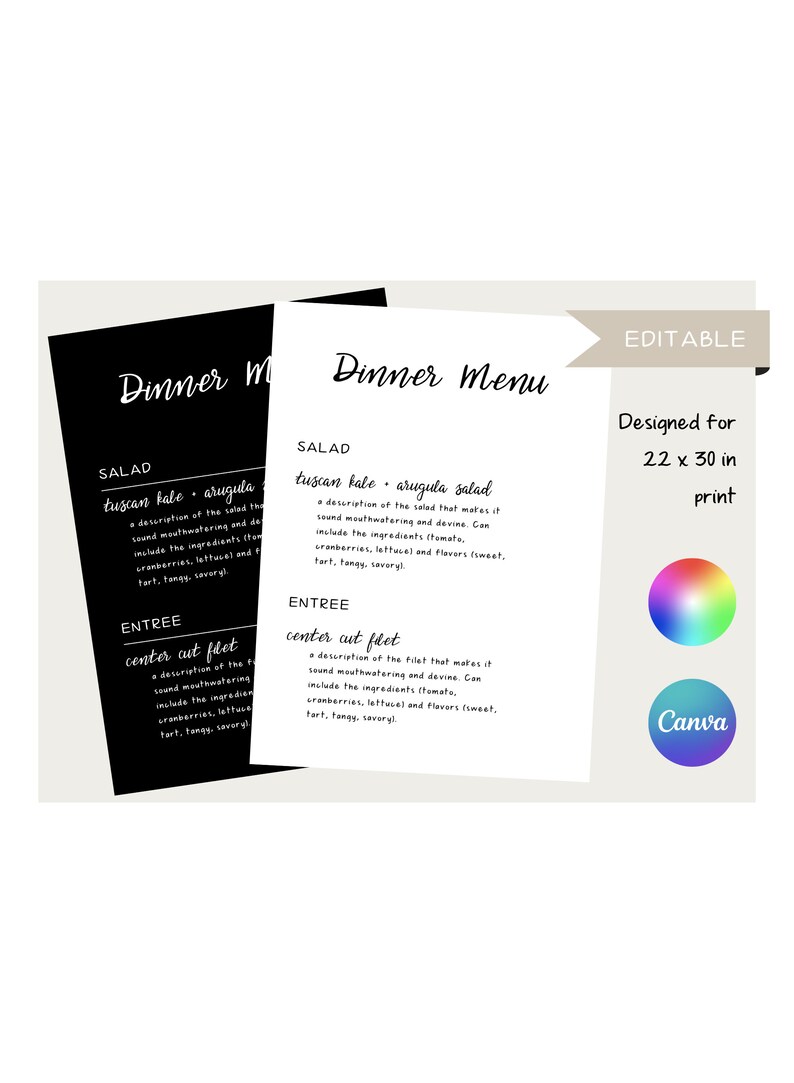 Large Dinner Menu Sign, Minimalist Menu Sign, Wedding Reception Sign ...
